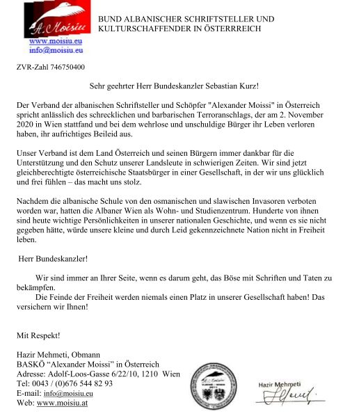 Letër ngushëllimi kancelarit Sebastian Kurz - Albinfo Letër ngushëllimi kancelarit Sebastian Kurz - Albinfo
